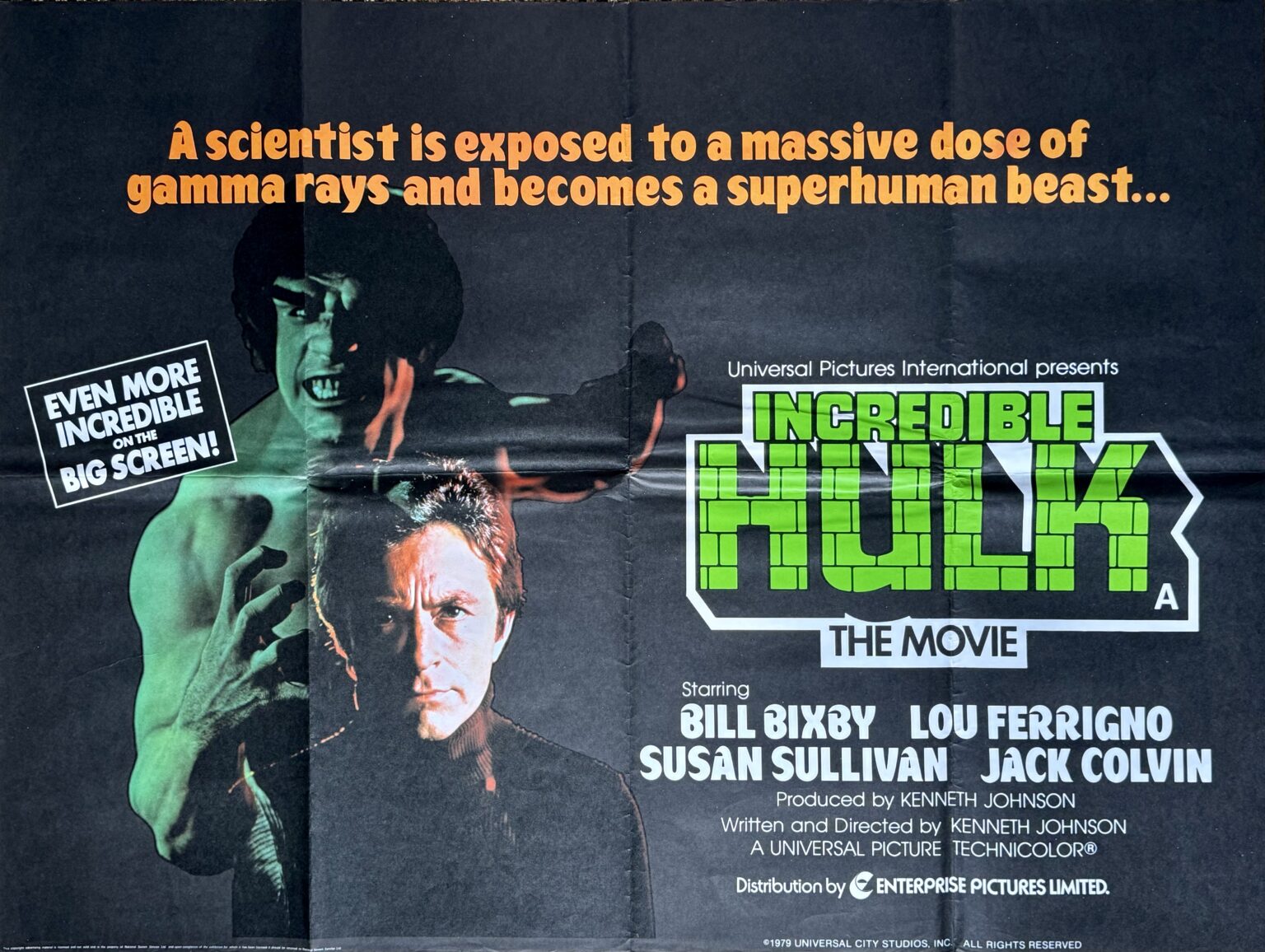 Original Incredible Hulk Movie Poster - Bill Bixby - Lou Ferrigno