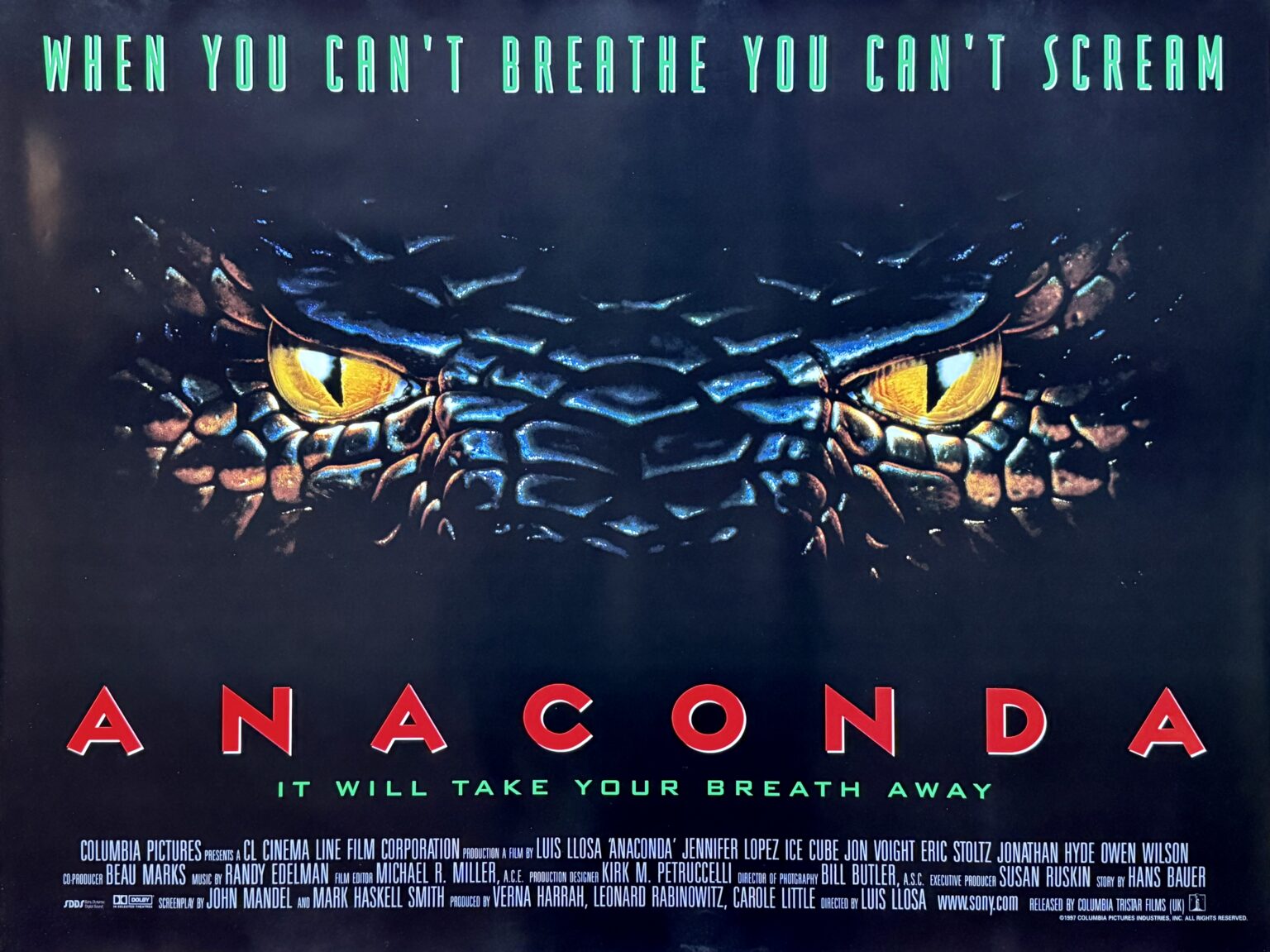 Original Anaconda Movie Poster - Jon Voight - Jennifer Lopez
